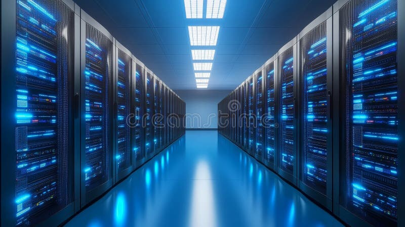 Long Row of Servers Humming in Modern Data Center Powering the ...