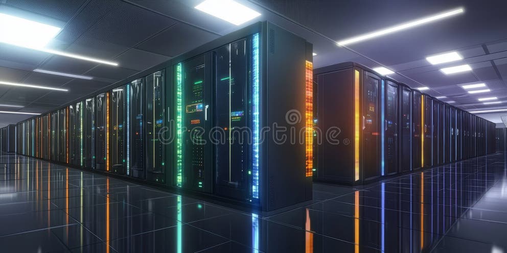 A Long Row of Servers is Neatly Lined Up in a Modern Data Center Stock Image - Image of center ...