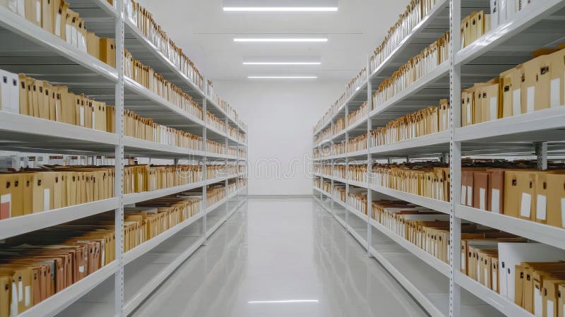 A Long Row of Shelves Filled with Lots of Files in a Room Stock Image ...