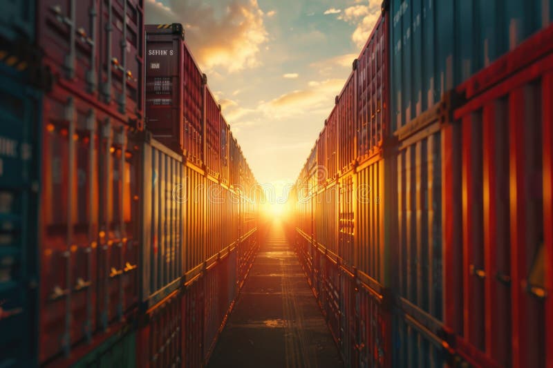 Long Row of Shipping Containers with the Sun Setting in the Background ...