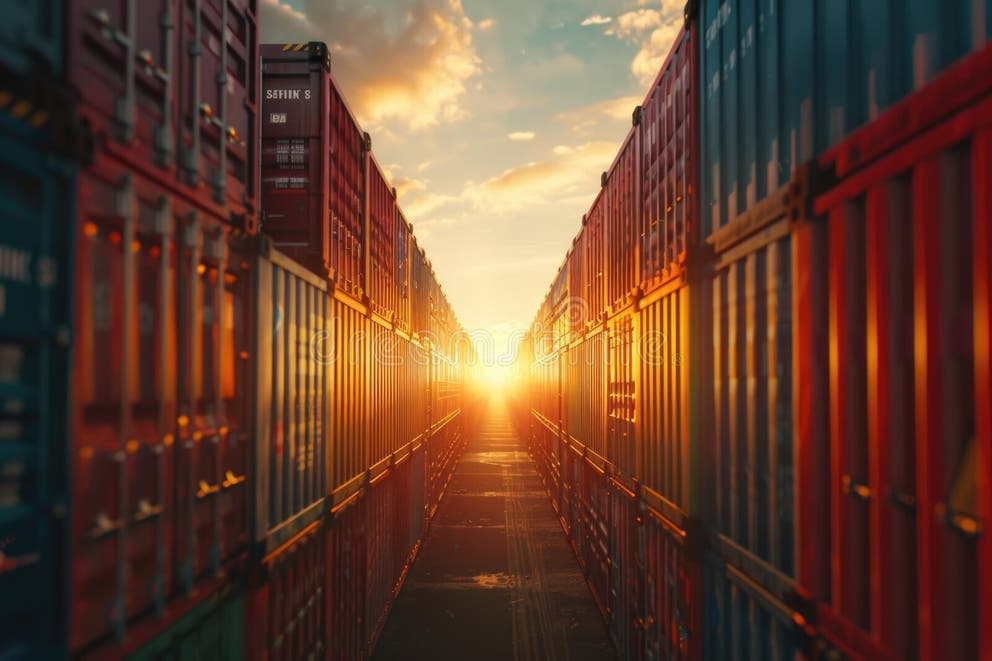 Long Row of Shipping Containers with the Sun Setting in the Background ...