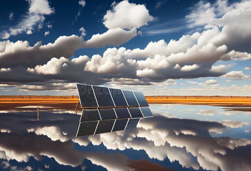 Long Row of Solar Panels on the Background of Clouds. AI Generated ...