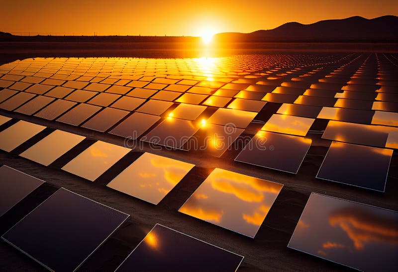 Long Row of Solar Panels at Sunset. AI Generated Stock Illustration ...