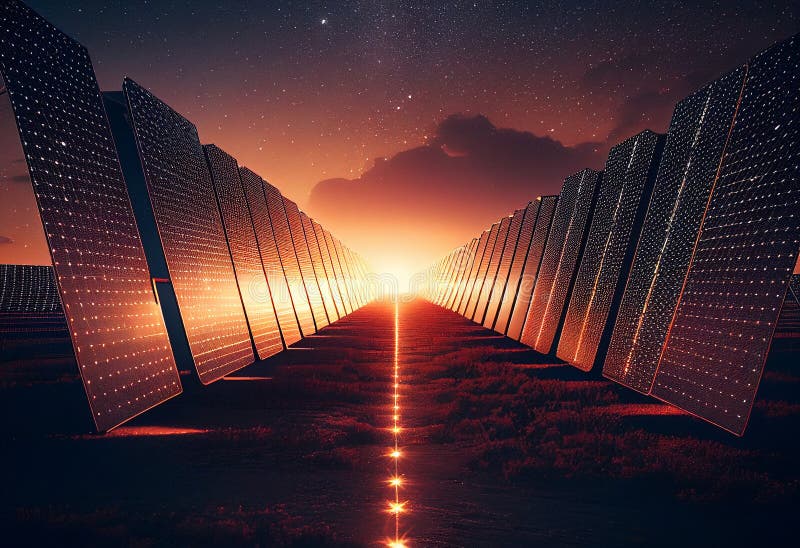 Long Row of Solar Panels at Sunset. AI Generated Stock Illustration ...