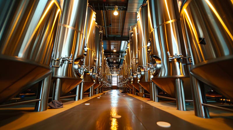 A Long Row of Stainless Steel Tanks in a Brewery Stock Image - Image of ...