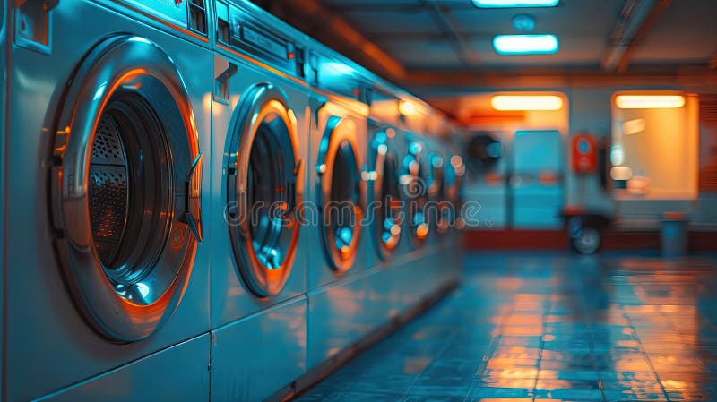 Endless Cycle: Symmetrical Rows of Washers in a Busy Laundry Room Stock ...
