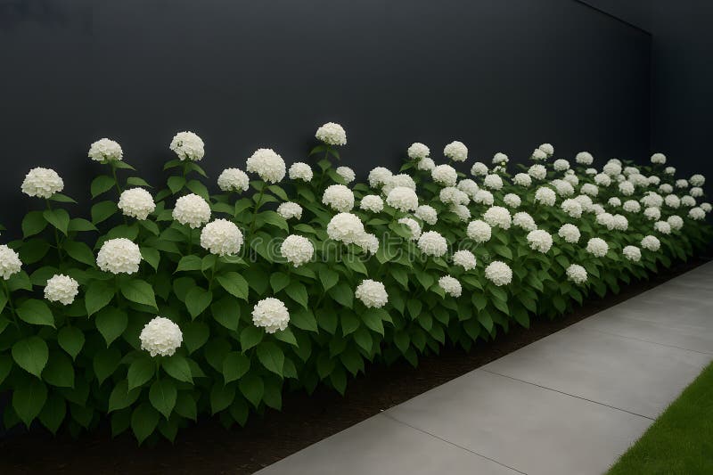 A Long Row of White Hydrangea Blossoms Thrives Against a Dark Wall ...