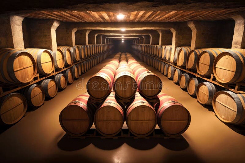 Long Row of Wine Barrels in Cellar with Light at the End. Generative AI ...