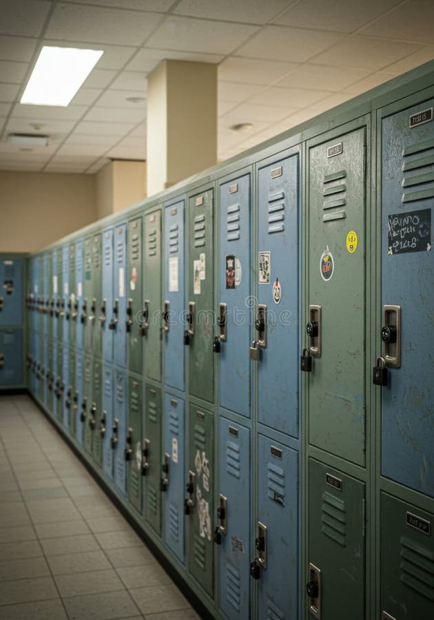 Long Row of Worn Metal Lockers in a School Hallway Stock Illustration ...