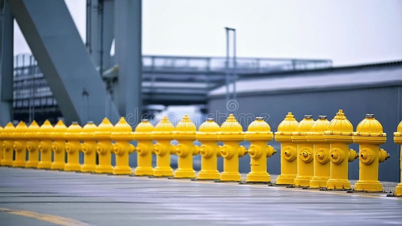 Long Row of Yellow Fire Hydrants at Industrial Facility Stock Footage ...