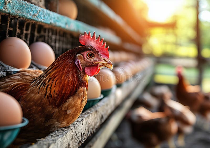 Long Rows of Containers with Chickens and Eggs on an Agricultural Farm ...