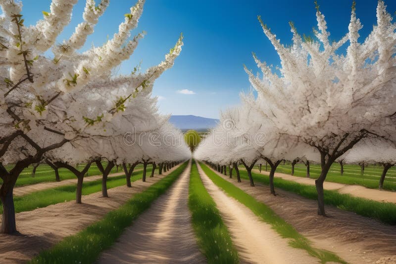 Long Rows of White Cherry Blossom Trees with a Path Running through the ...