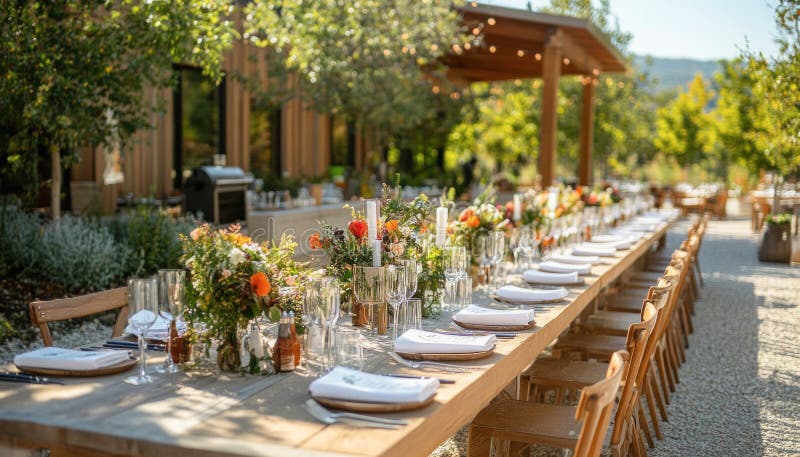 Long Rustic Table Setting Decorated with Flowers for an Outdoor Wedding ...
