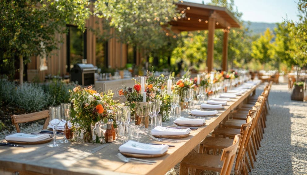 Long Rustic Table Setting Decorated with Flowers for an Outdoor Wedding ...