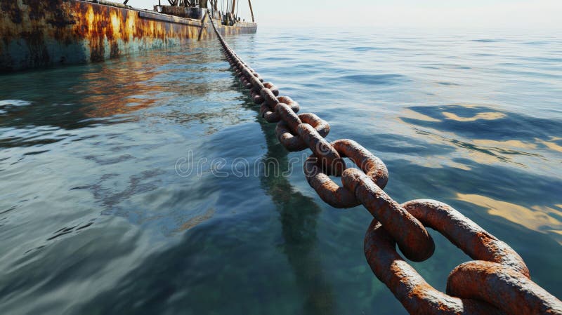 A Long, Rusty Anchor Chain Extends from a Ship into Clear, Calm Water ...