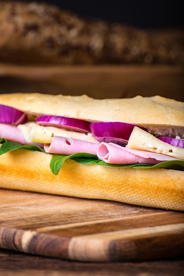 Long Sandwich with Sausage, Chees and Lettuce Stock Photo - Image of ...