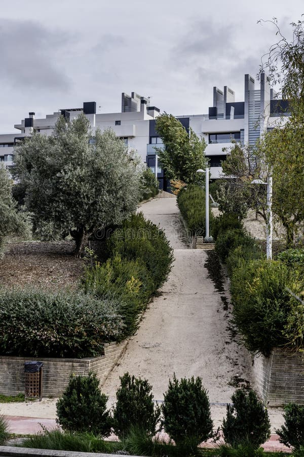 A Long Sandy Path To Walk on a Slope within an Urban Park with Trees ...