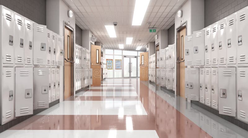 Long School Corridor with White Lockers Stock Illustration ...