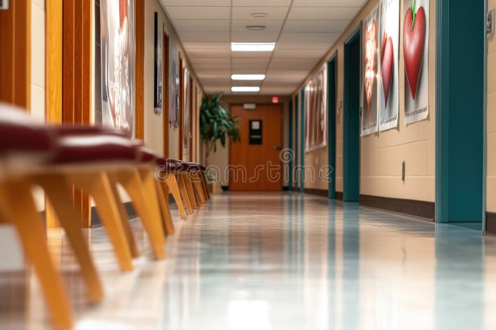 Long School Hallway with Benches and Educational Posters Stock Photo ...