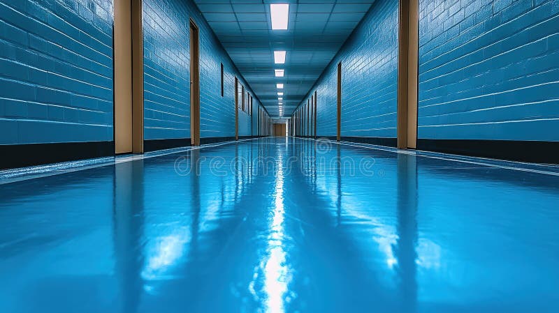 Long School Hallway, Bright Blue Stock Illustration - Illustration of ...