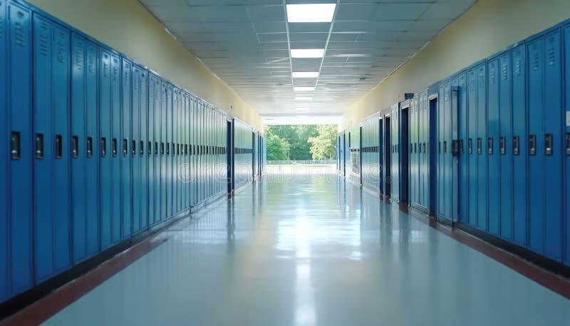 Long School Hallway with Rows of Blue Lockers. Brightly Lit Corridor ...