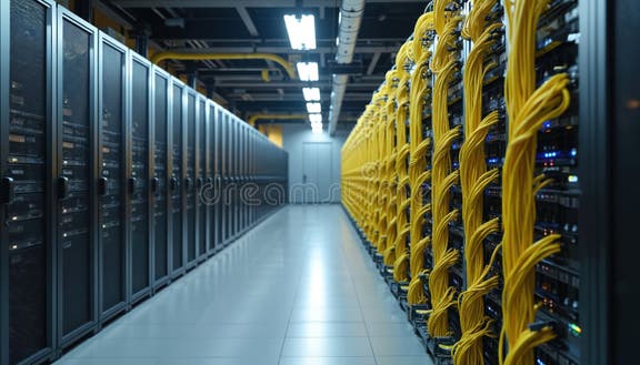 Long Server Room Corridor Filled with Server Racks, Yellow Data Cables ...