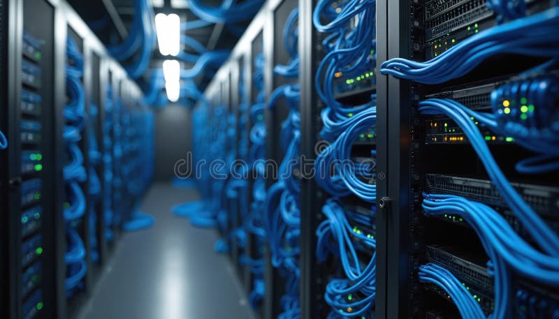 Long Server Room Corridor. Many Server Racks with Blue Cables for Data ...