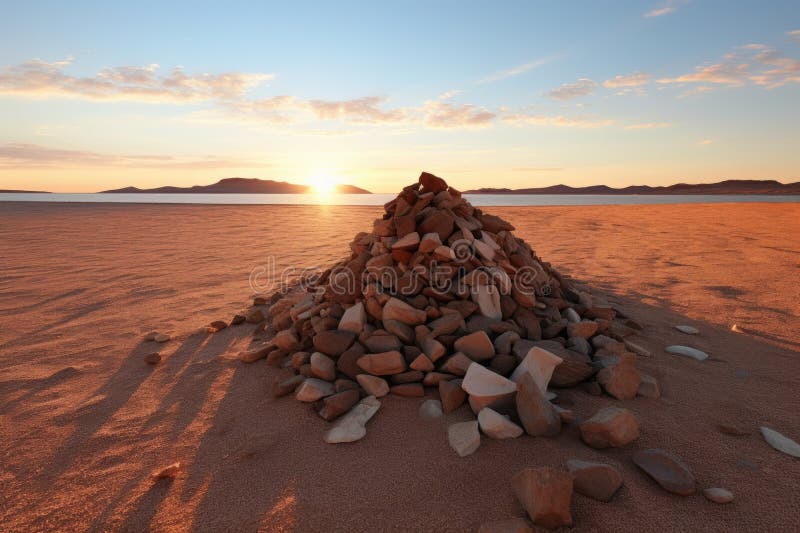 Long Shadow of a Pile of Rocks on a Sandy Beach at Sunset Stock Photo ...