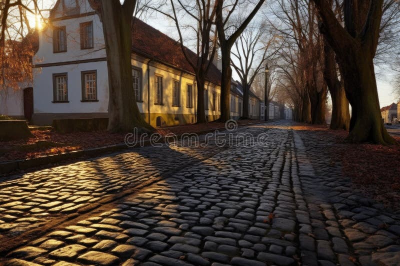 Long Shadows Cast by Trees on Cobblestone Path Stock Illustration ...