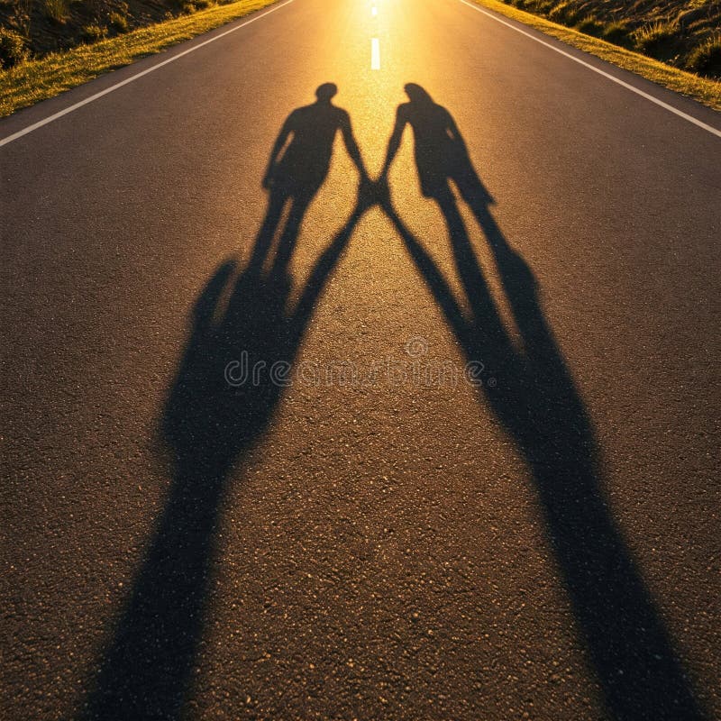 Long Shadows from a Couple in Love on a Sunset Road. Stock Image ...