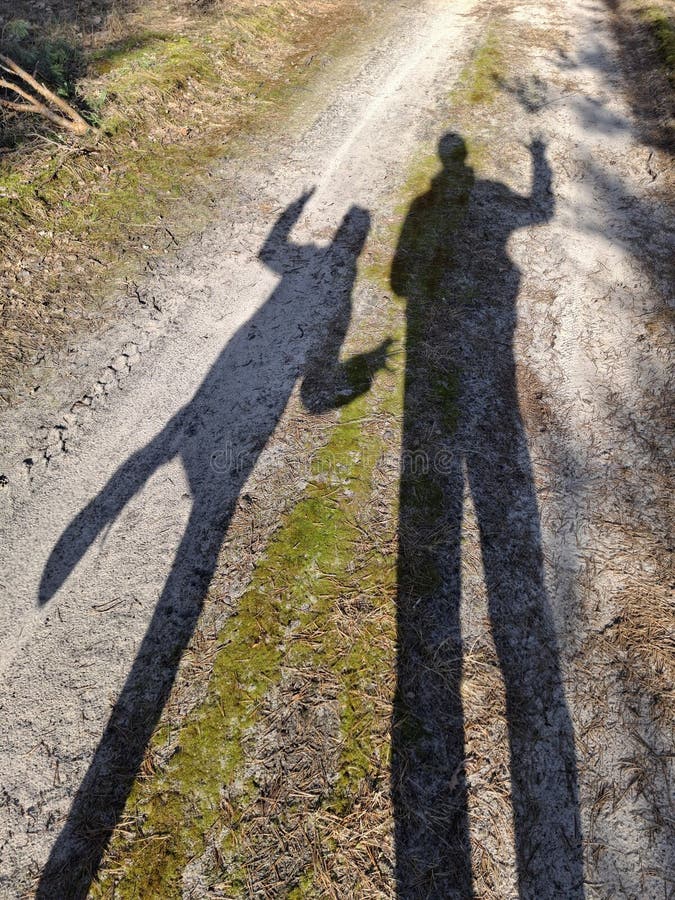 Long Shadows of Father and Son on Forest Path in the Evening at Sunset ...