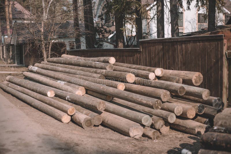 Long Shot Cut Trees, Log Cabins, Logs Lie a Bunch Stock Image - Image ...