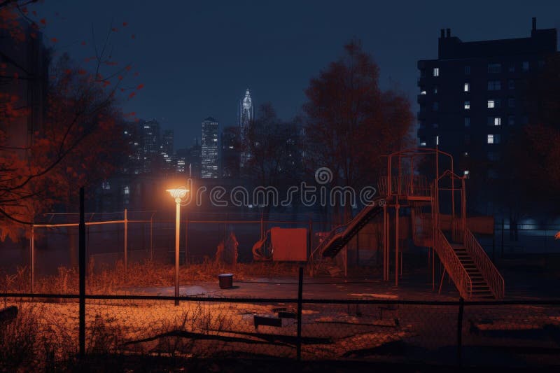 A Long Shot of an Eerie Playground, Lit only by the Distant City Glow ...