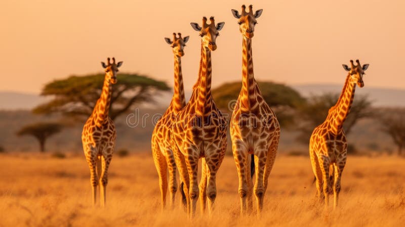 Long Shot of Giraffe Family Feeding in Lush Forest Stock Illustration ...