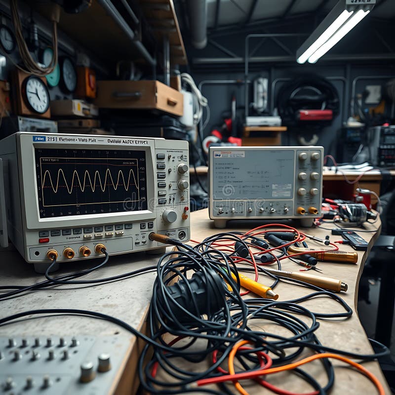 A Long Shot of an Oscilloscope in an Industrial Electronics Workshop ...