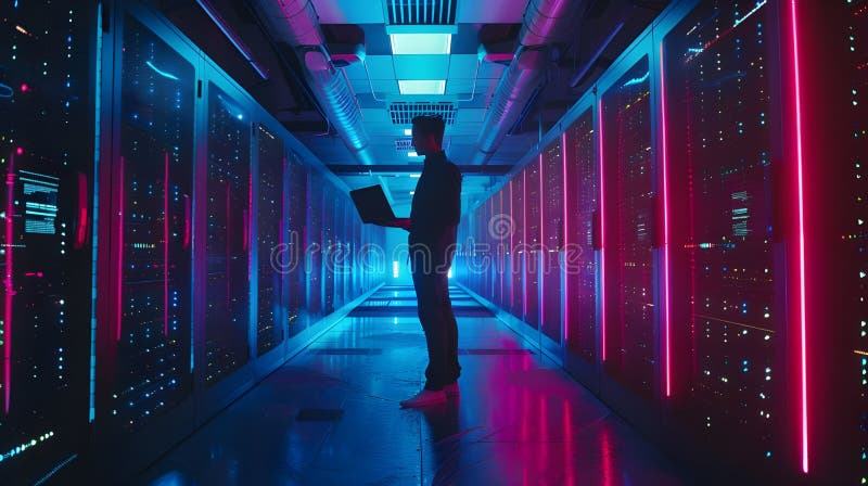 Long Shot of it Technician Works on Laptop in Big Data Center Full of ...