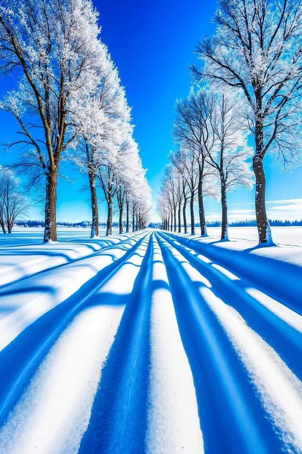 A Snow Covered Road Lined with Trees in the Middle of a Snowy Field ...