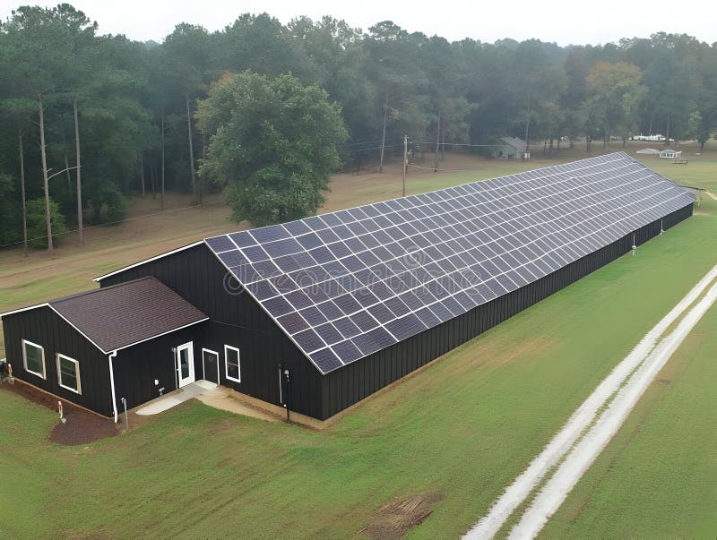 Long Solar Panel-covered Building, Rural Setting, Green Field Stock ...