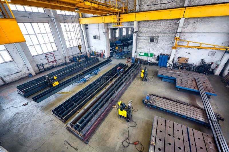 Long Steel Constructions Assembling with Welding in Workshop Stock ...