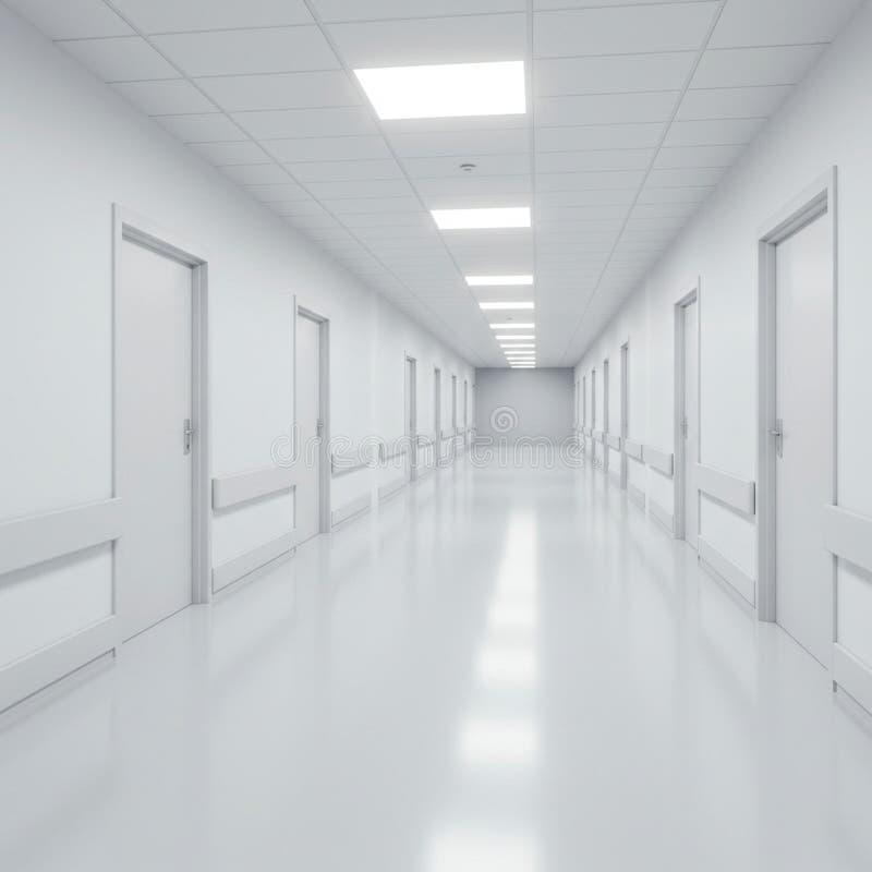A Long, Sterile Corridor with a Polished White Floor and White Walls ...