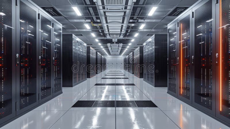 A Long, Sterile Hallway Lined with Rows of Powerful Servers in a Modern ...