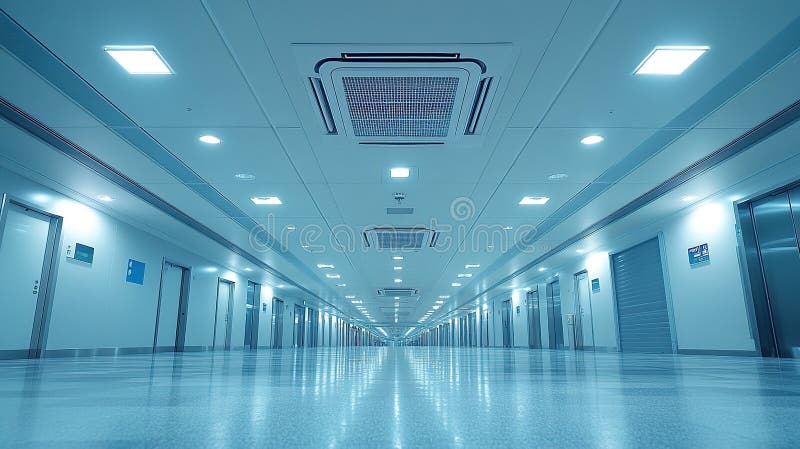 A Long, Sterile Hospital Corridor with White Walls, a Shiny Floor, and ...
