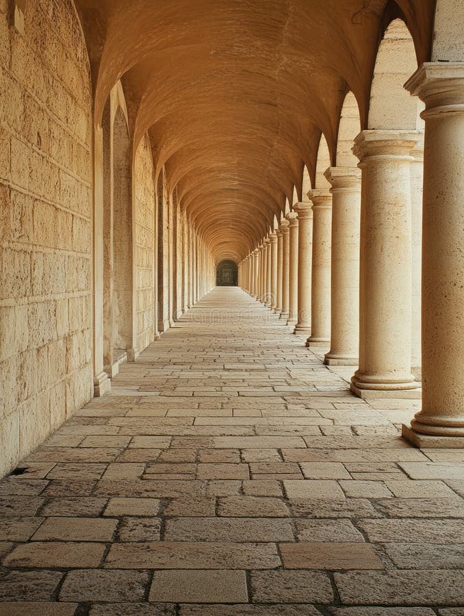 Long Stone Colonnade with Arched Ceiling Perspective Stock Illustration ...