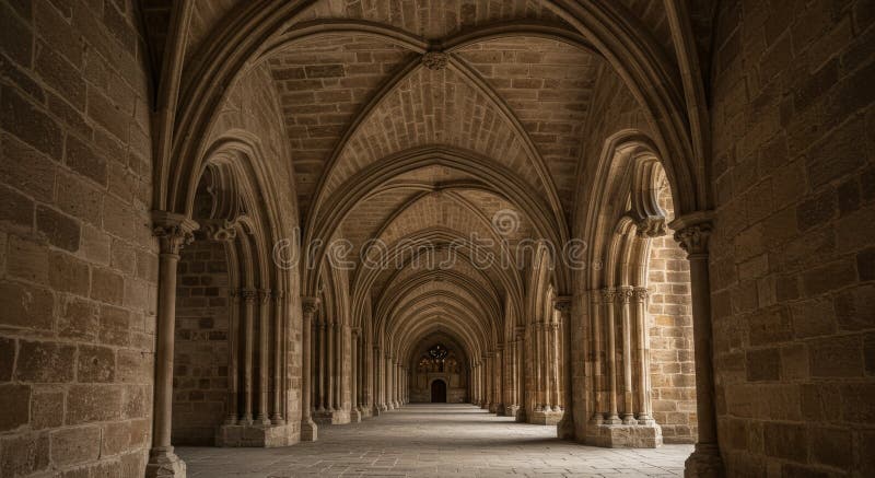 Long Stone Corridor with Gothic Arches and Columns Stock Illustration ...