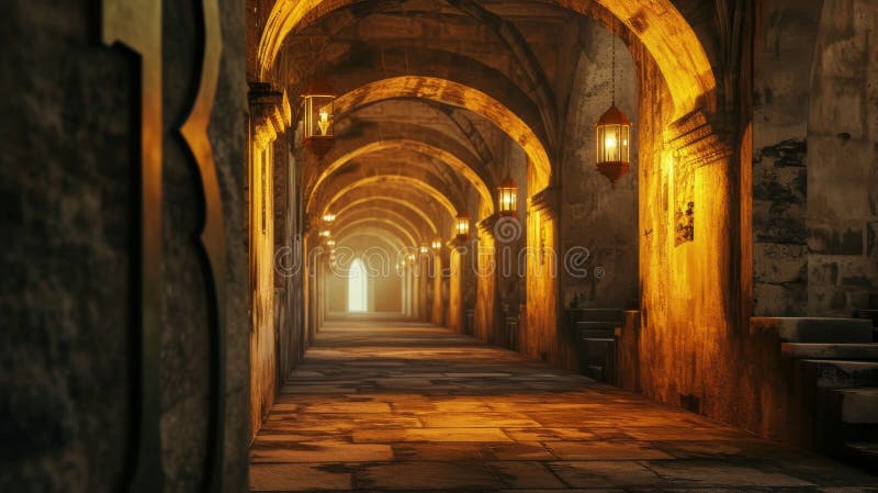 Long Stone Hallway with Glowing Lanterns and Arched Ceilings Stock ...