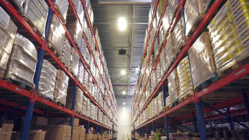 Long Storage Corridor between Rows of Shelves with Goods Stock Video ...