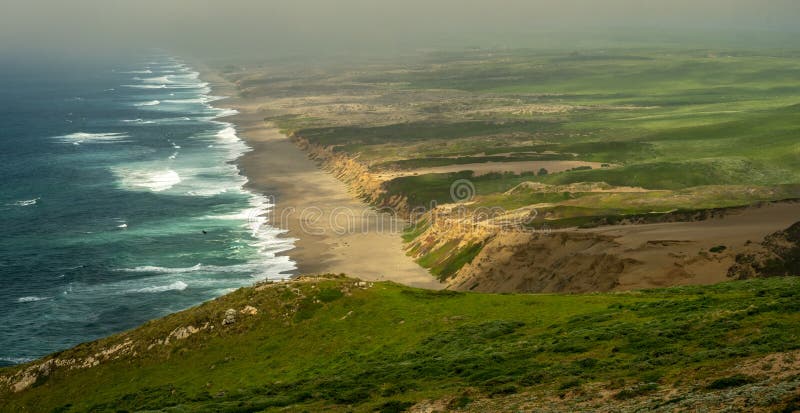 Long Straight Beach and Green Fields of Point Reyes Stock Photo - Image ...