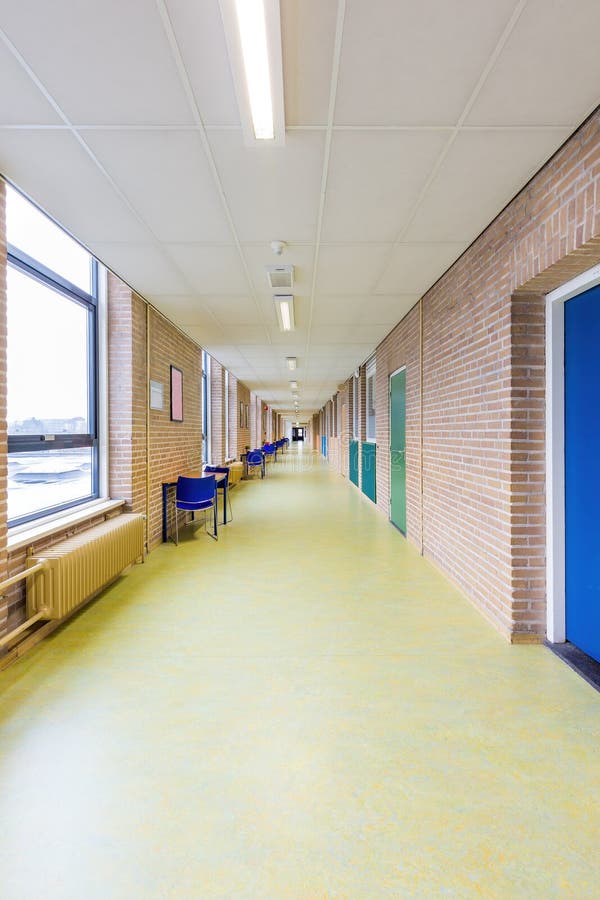 Long Empty Corridor in High School Building Stock Image - Image of high ...