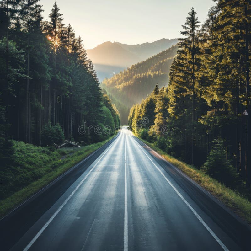 A Long, Straight Road through a Forest at Sunrise Stock Illustration ...