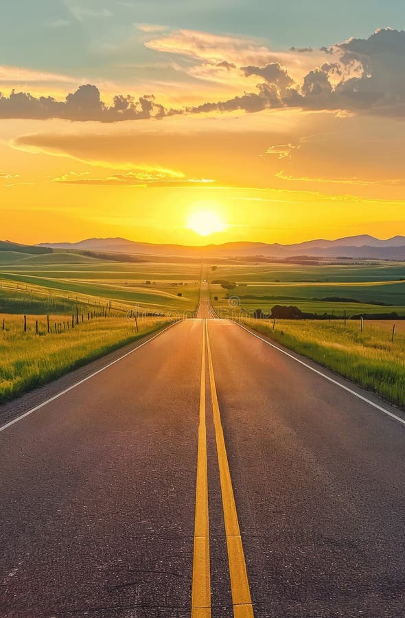 Long Straight Road Stretches into the Distance at Sunset Stock Photo ...